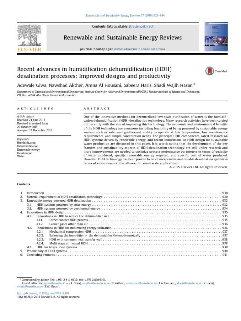 Recent Advances in Humidification Dehumidification (HDH) Desalination Processes - Improved ...