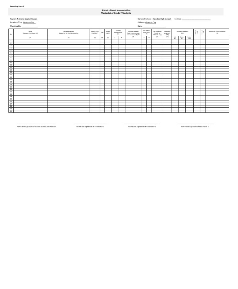 School - Based Immunization Masterlist of Grade 7 Students: Recording Form 3 | PDF | Pediatrics ...