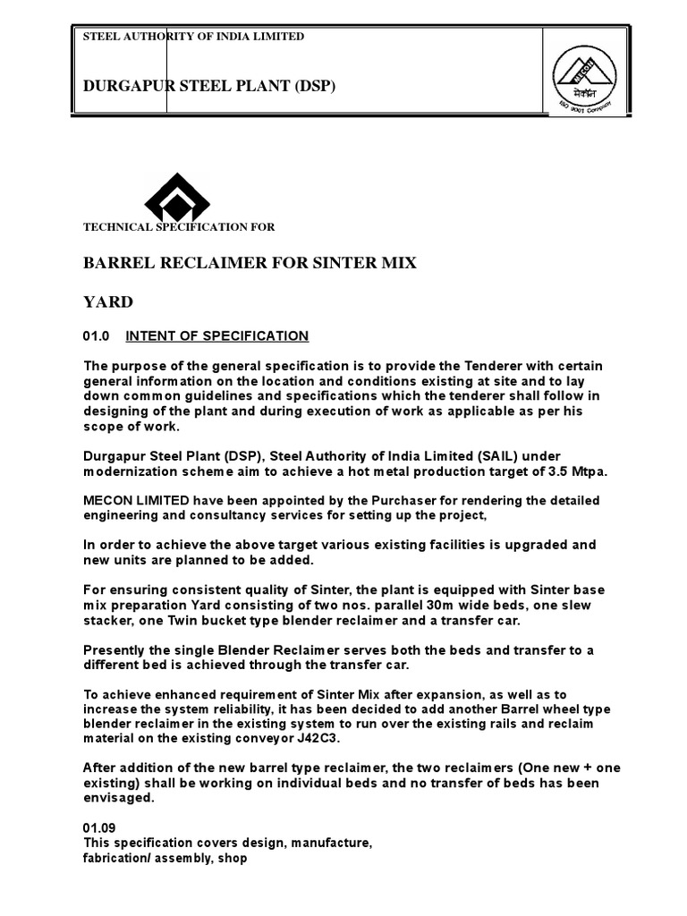 Barrel Reclaimer For Sinter Mix Yard: Durgapur Steel Plant (DSP) | PDF | Specification ...