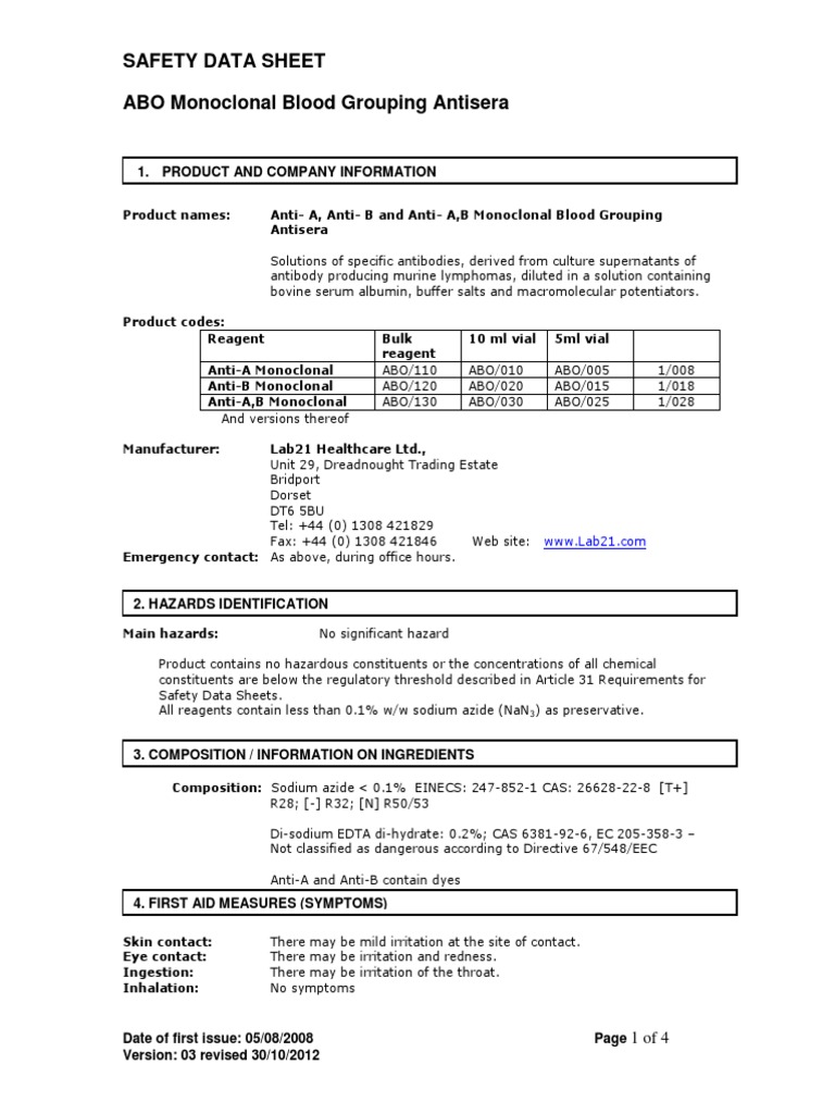 Safety Data Sheet ABO Monoclonal Blood Grouping Antisera | PDF | Safety | Chemical Substances