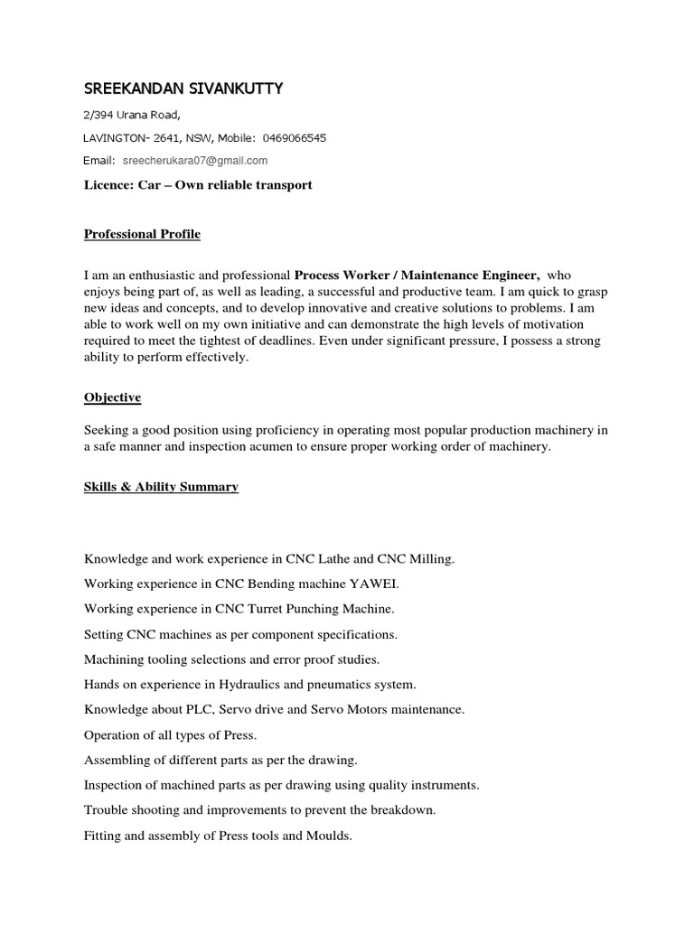 Sree Resume 25.7.18 | PDF | Numerical Control | Mass Production
