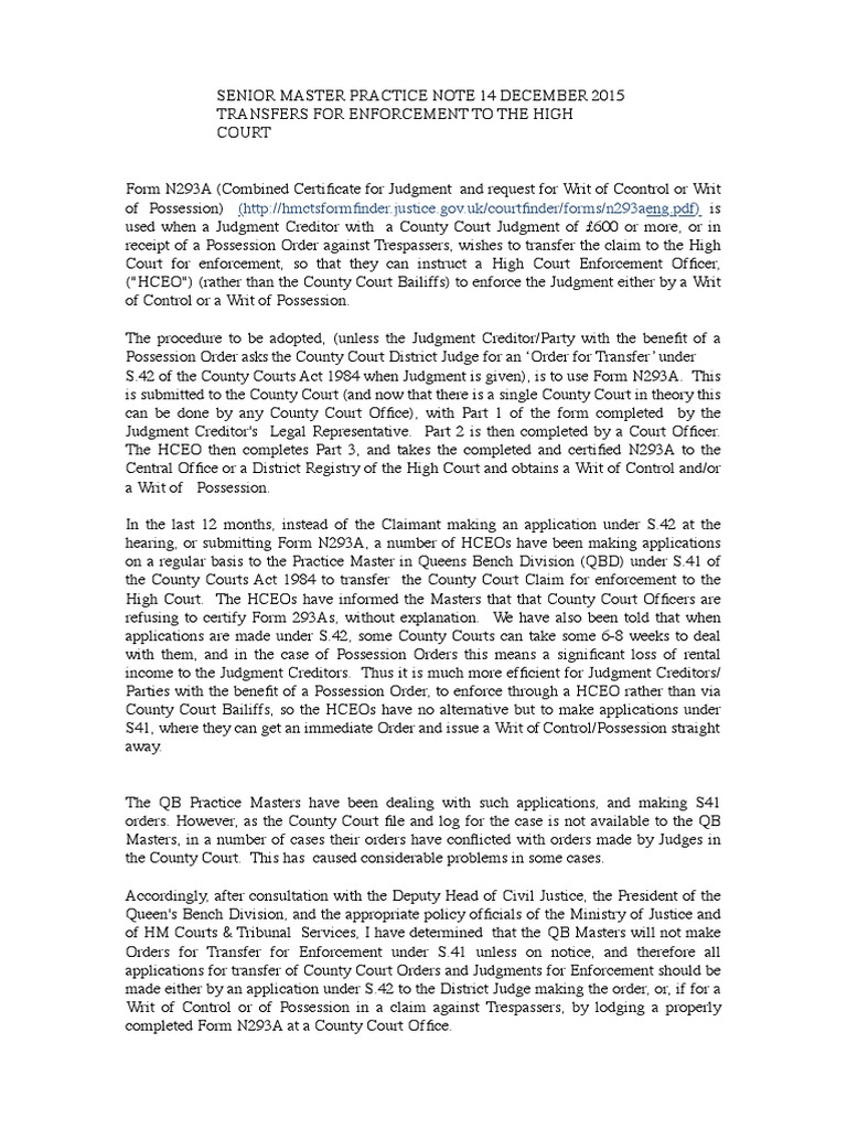 N293A Form Guidance for High Court Transfers | PDF | County Court ...