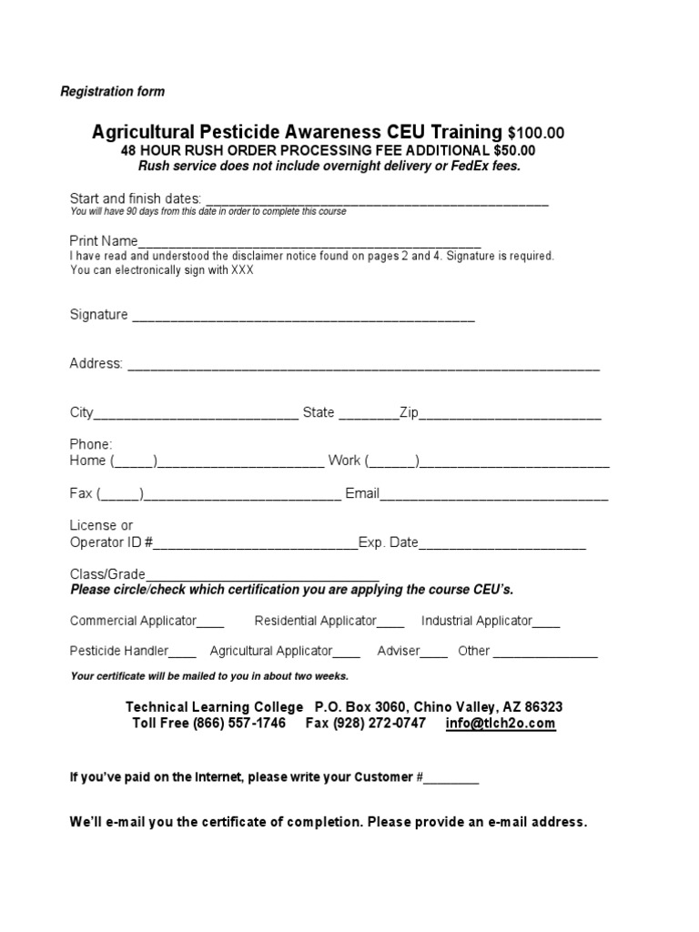 Agricultural Pesticide Awareness CEU Training: Registration Form | PDF ...