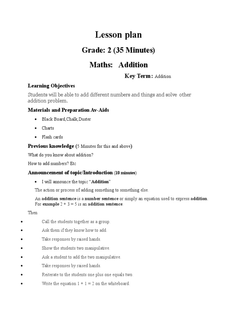Lesson Plan: Grade: 2 (35 Minutes) Maths: Addition | Download Free PDF ...