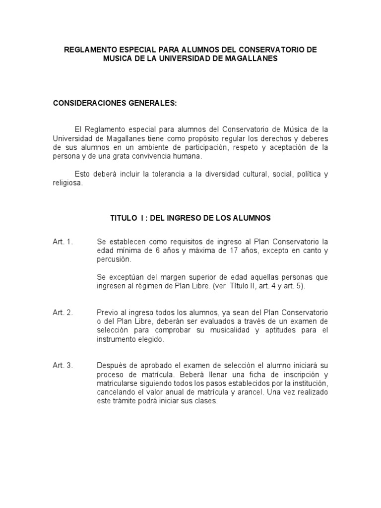 Reglamento del Conservatorio de Música UMAG | PDF | Prueba (evaluación ...