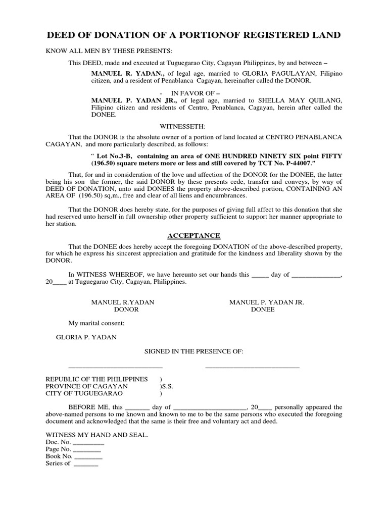 Deed of Donation of A Portionof Registered Land | PDF | Private Law | Urban