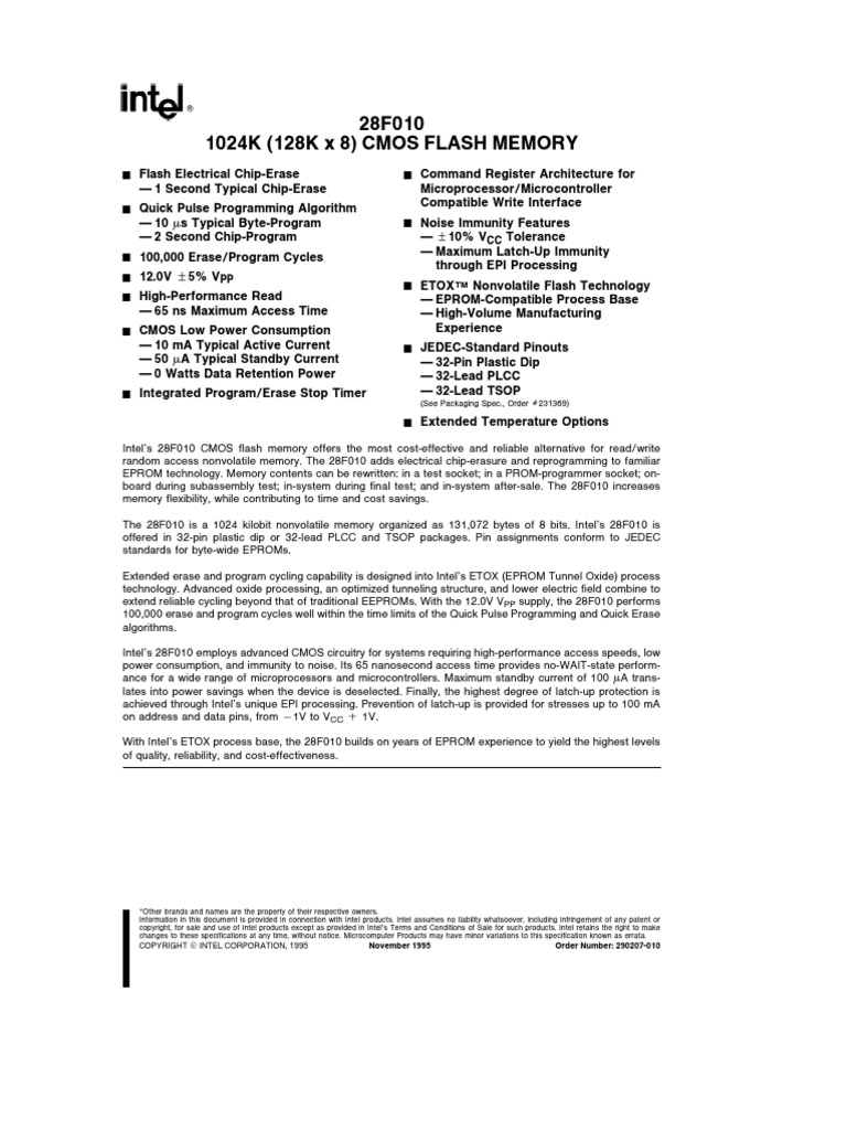 Flashpak Datasheet 28F010 | PDF | Flash Memory | Random Access Memory