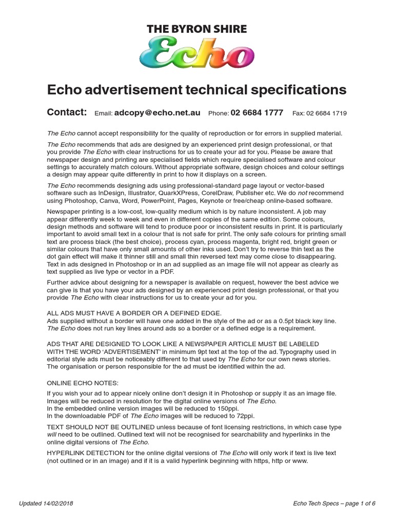 Echo Advertisement Technical Specifications: The Byron Shire | PDF ...