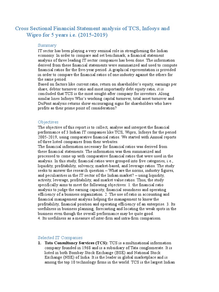 Cross Sectional Financial Statement Analysis of TCS, Infosys and Wipro ...
