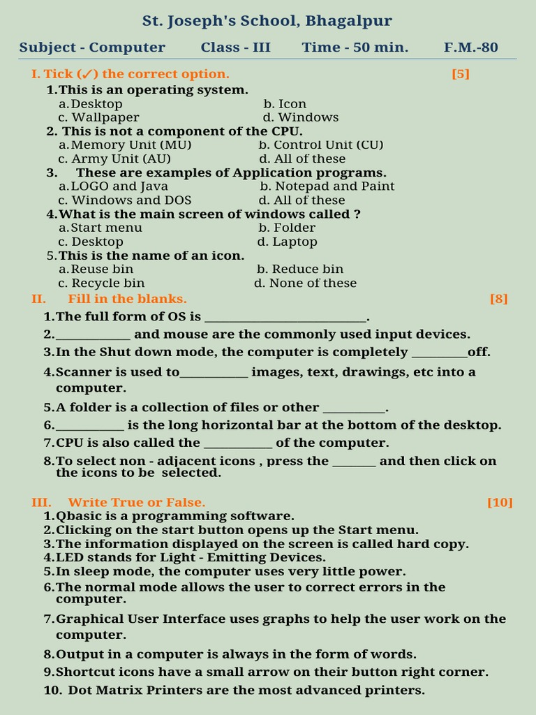 Class 3 Computer Exam Paper | PDF