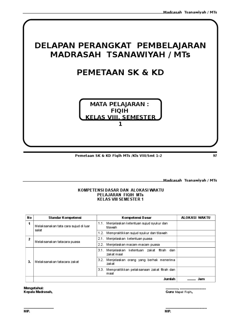 Pemetaan KD Fiqih MTs Kelas 8 Semester 1&2 | PDF