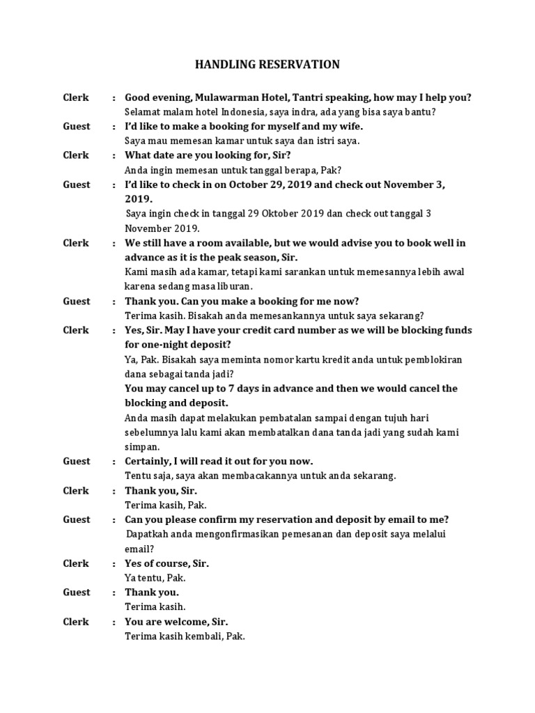 Handling Reservation | PDF