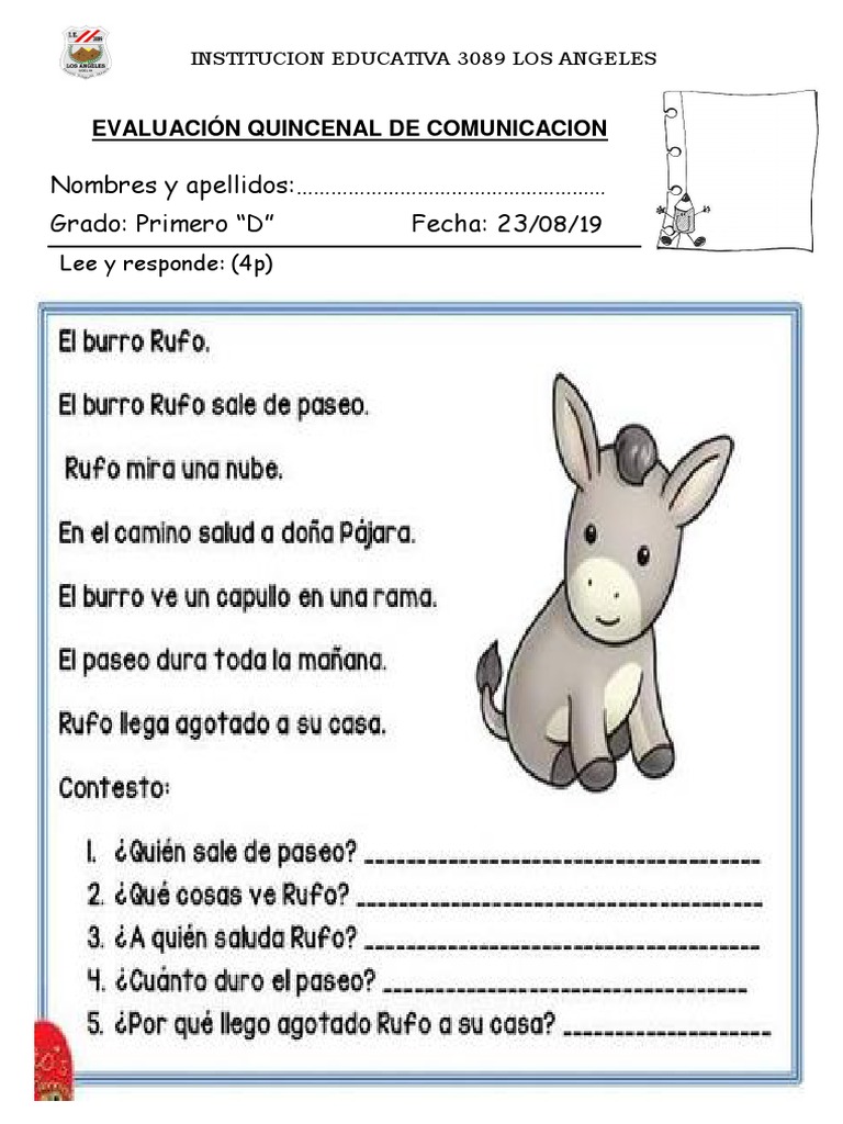 Examen De Comunicación 1 Grado Primaria Pdf