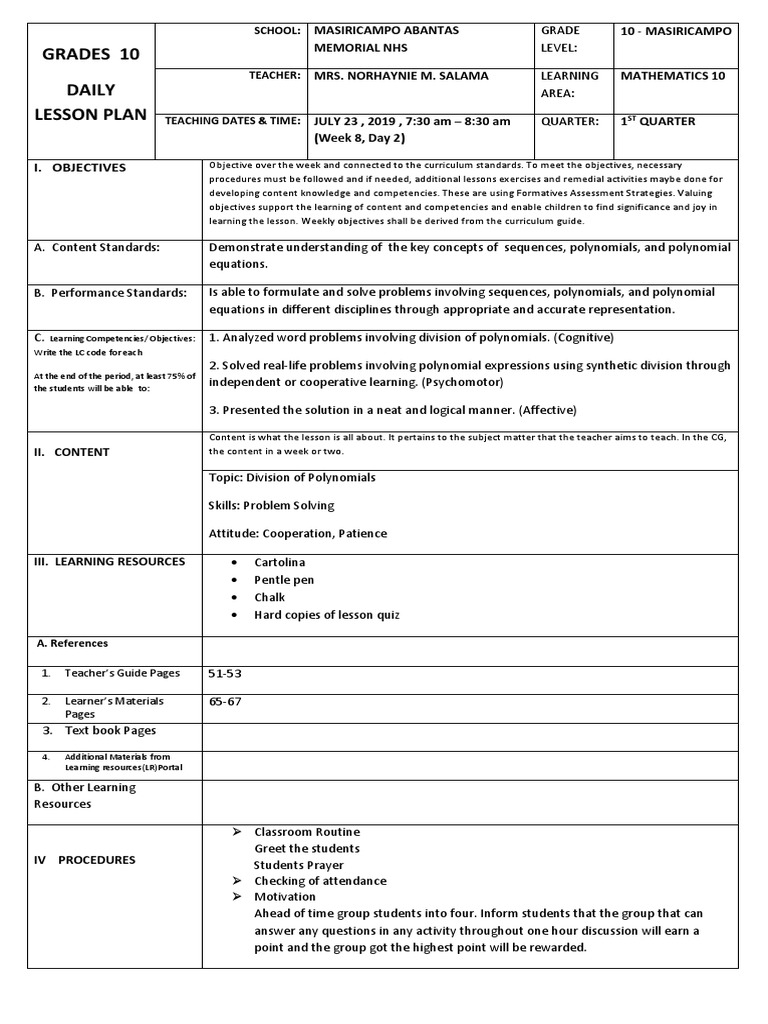 Grades 10 Daily Lesson Plan: I. Objectives | PDF | Polynomial | Learning