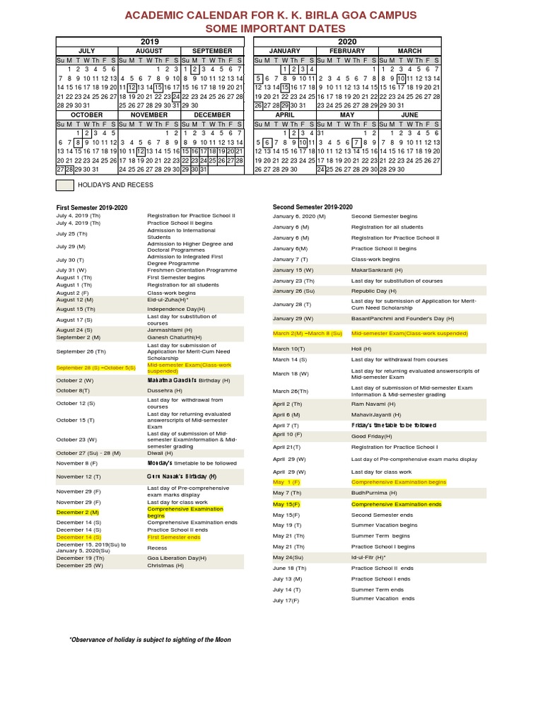 K. K. Birla Goa Campus Academic Calendar | PDF | Academic Term | Academia