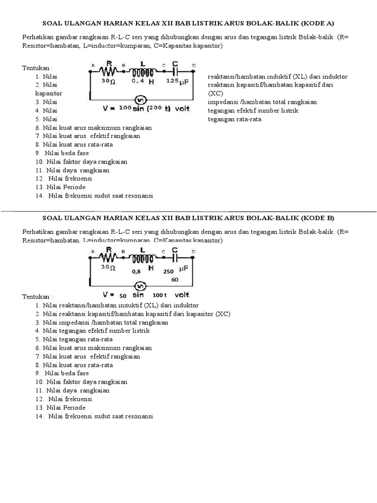 Soal Ulangan Harian Kelas Xii Bab Listrik Arus Bolak | PDF