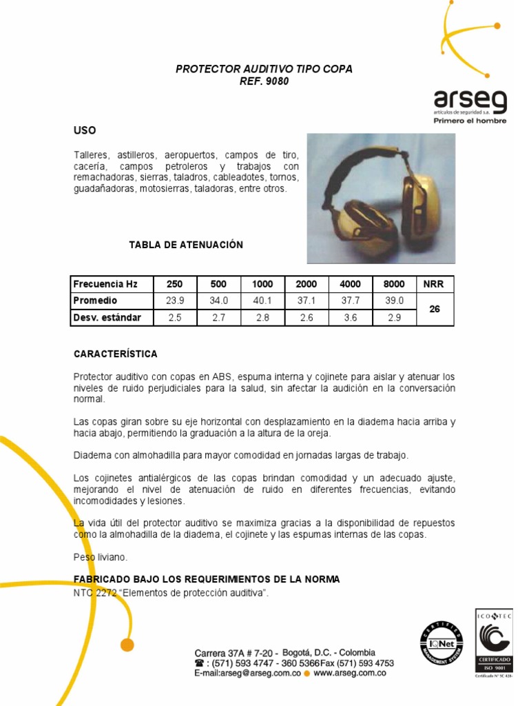 Ficha Técnica de Protector Auditivo Tipo Copa Arseg 9080 - Descargada ...