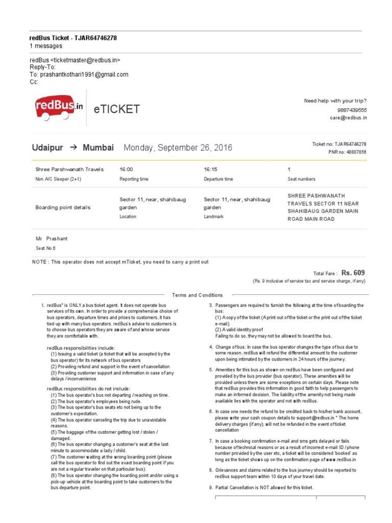 RedBus Ticket - TJAR64746278 | PDF | Ticket (Admission) | Bus
