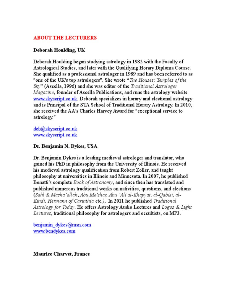 Deborah Houlding, UK: About The Lecturers | PDF | Astrology | Superstitions
