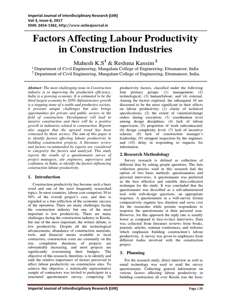Factors Affecting Labour Productivity in Construction Industries | PDF ...