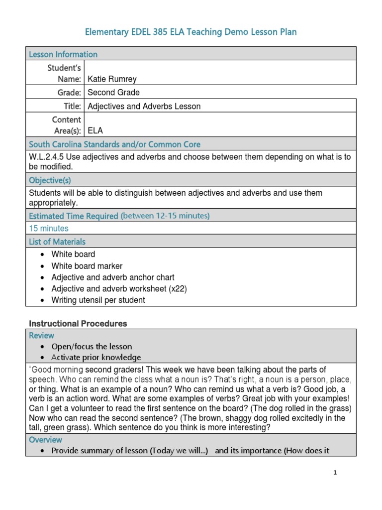 Adjectives and Adverbs Lesson Plan | PDF | Adverb | Adjective