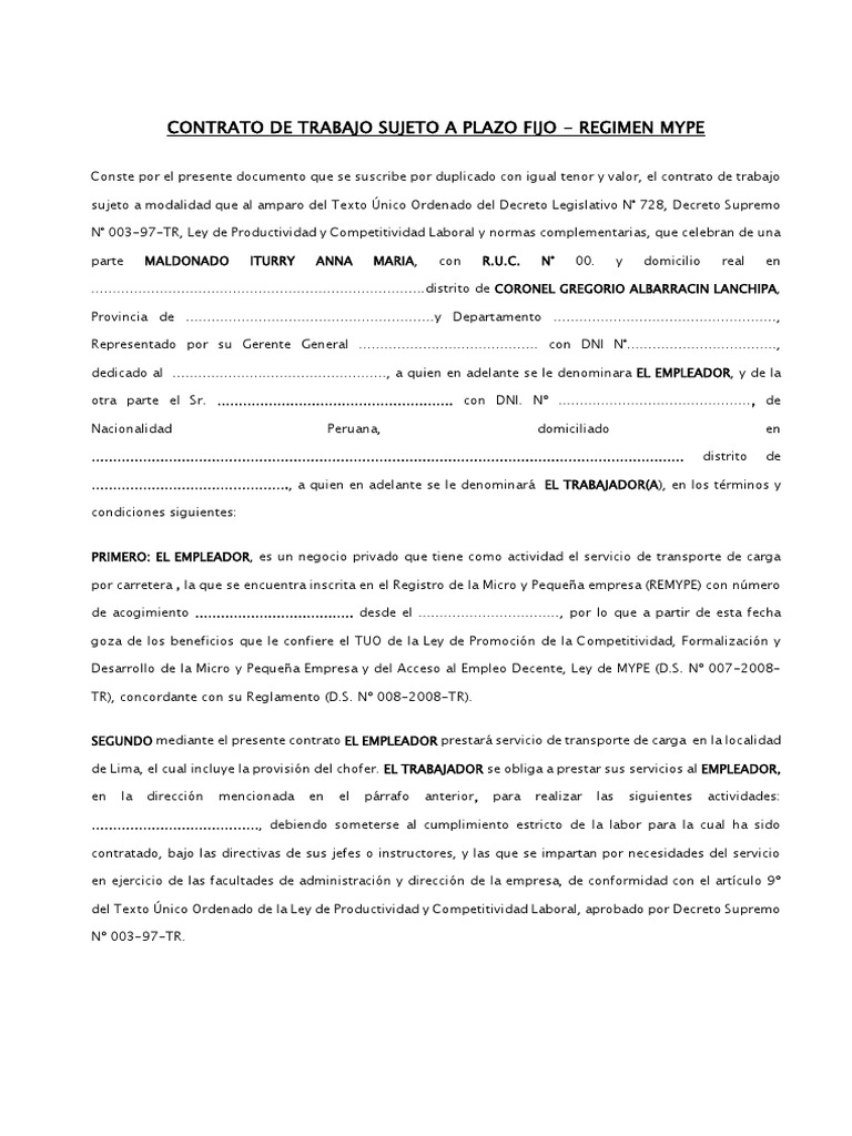 Contrato De Trabajo Sujeto A Plazo Fijo - Regimen Mype | Derecho laboral | Información del gobierno