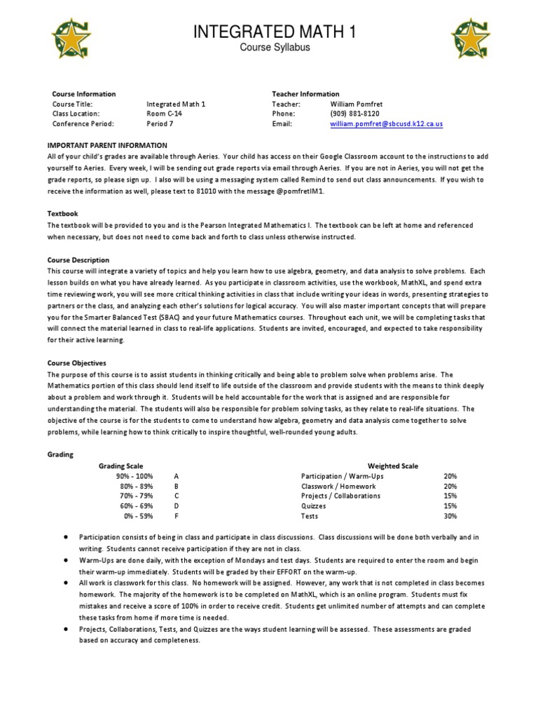 Integrated Math 1 Syllabus | PDF | Homework | Teaching Mathematics