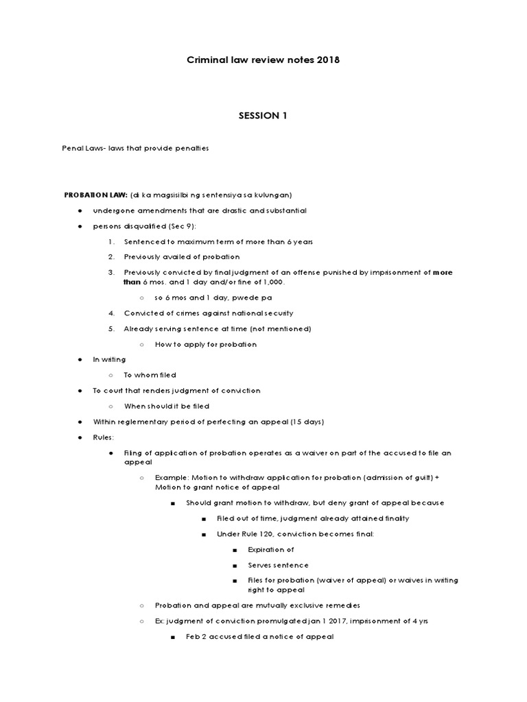 Criminal Law Review Notes 2018 | PDF | Sentence (Law) | Pardon