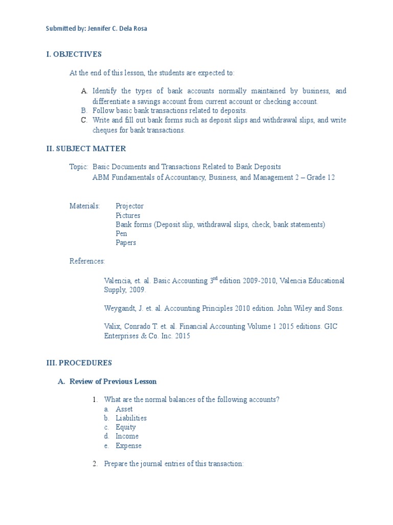Lesson Plan Basic Banking Transaction | Download Free PDF | Cheque ...