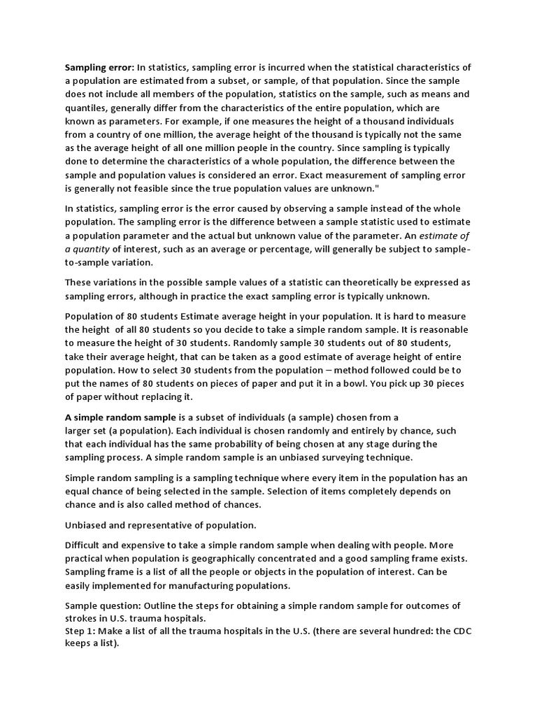 Sampling Error: in Statistics, Sampling Error Is Incurred When The ...