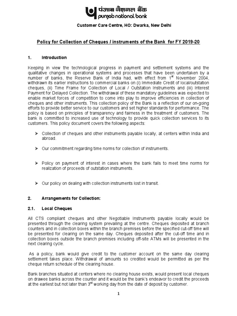 Policy For Collection of Cheques Instruments 2019 20 | PDF | Cheque | Banks