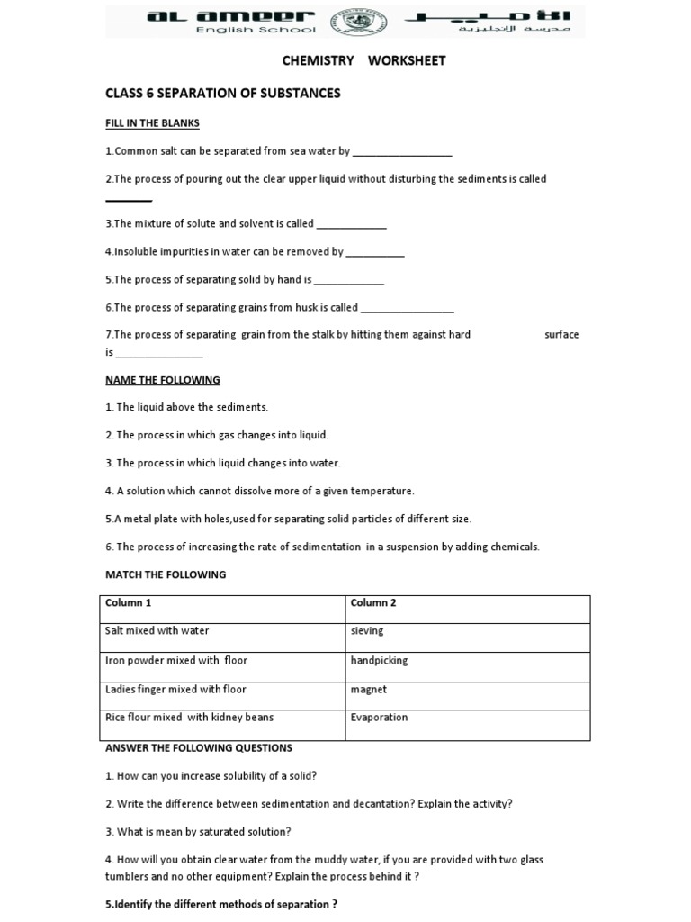 Separation of Substances: A Chemistry Worksheet on Common Separation ...