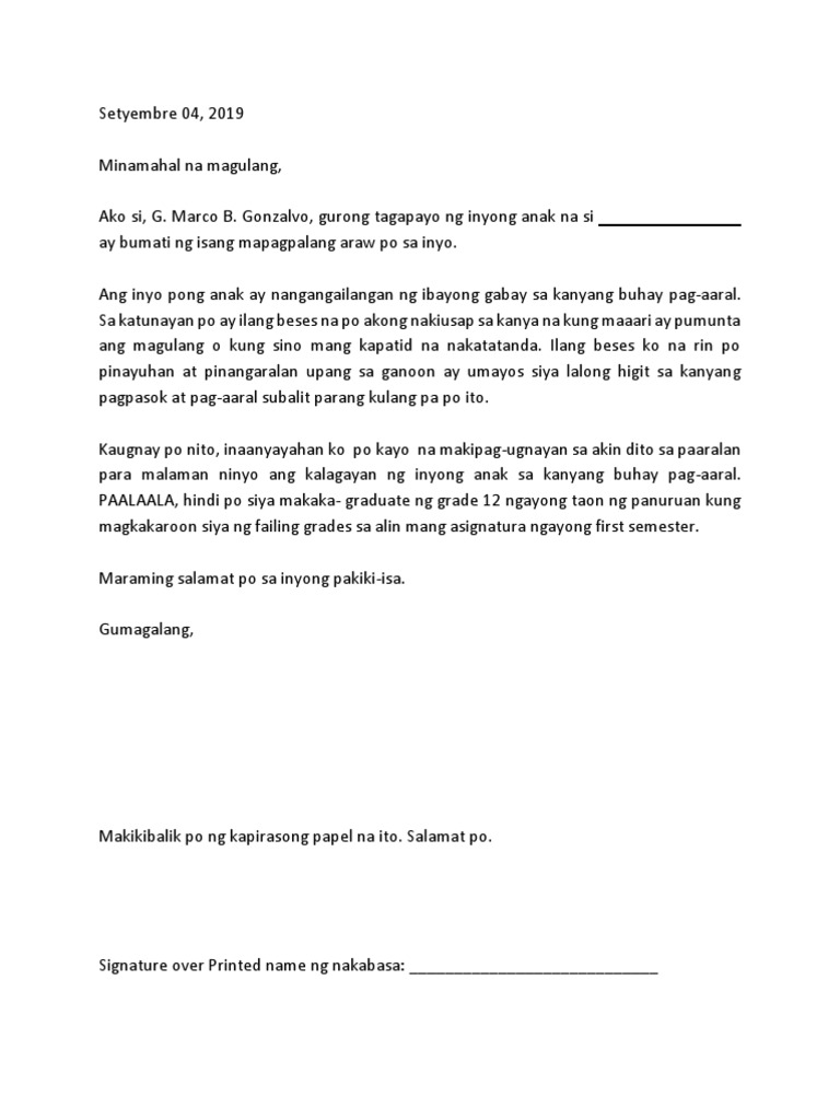 Sample Letter To Parents | PDF