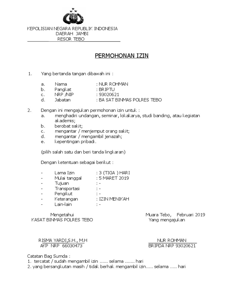 PERMOHONAN IZIN DAN CUTI POLRI RESOR TEBO | PDF