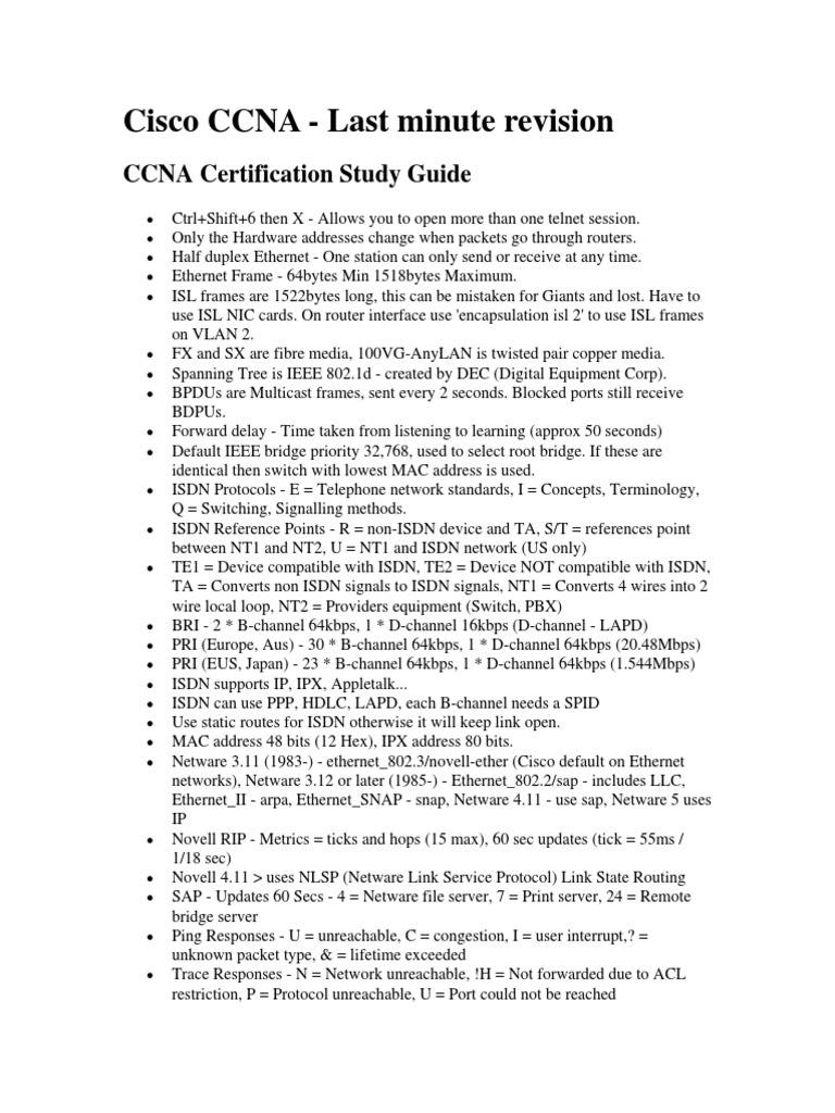 Cisco CCNA - Last Minute Revision: CCNA Certification Study Guide | PDF ...