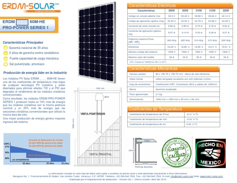 Ficha Técnica Panel Solar 300W ERDM | PDF | Panel solar | Electricidad