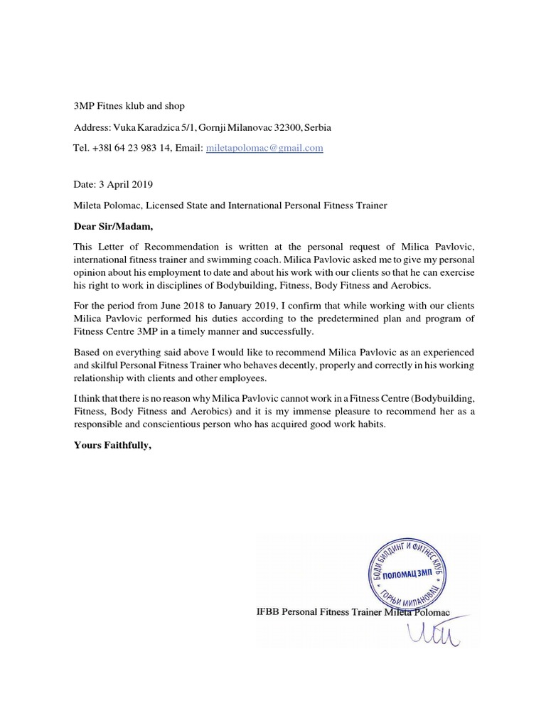Fitness trainer recommendation letter | PDF