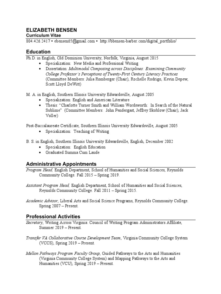 Elizabeth Bensen: Curriculum Vitae | PDF | Communication | Academia