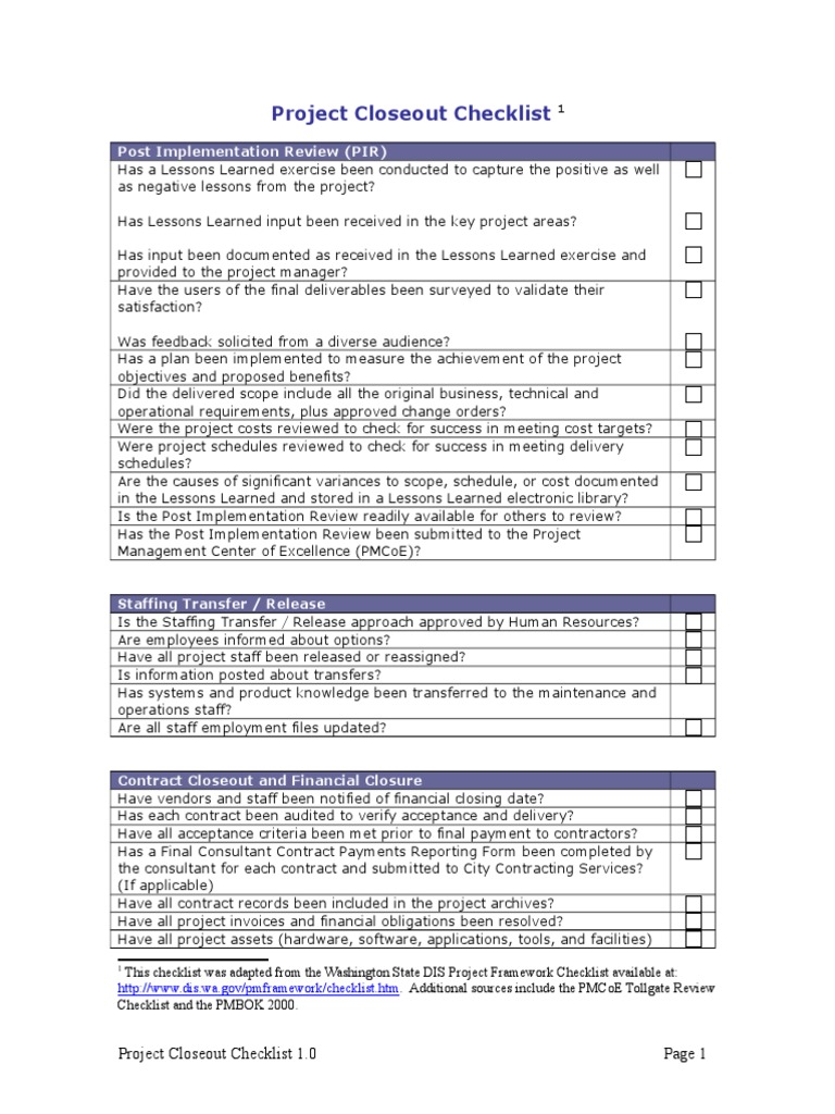 Project Closeout Checklist: Post Implementation Review (PIR) | PDF ...