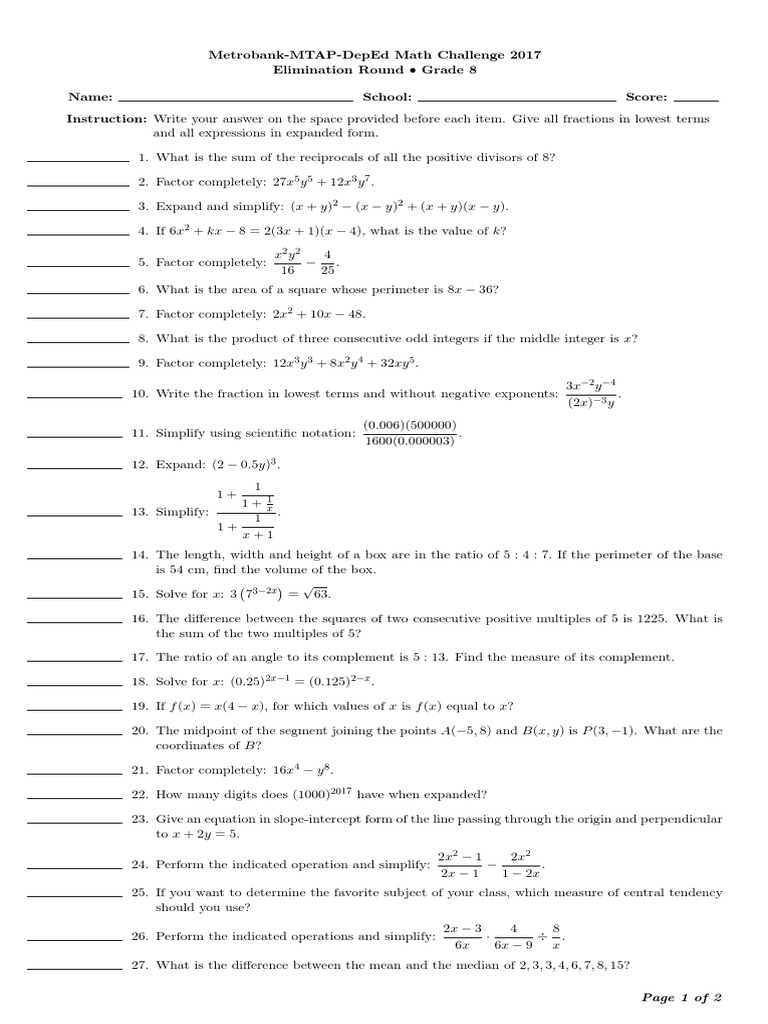 2017 MMC Elims g8 | PDF | Fraction (Mathematics) | Elementary Mathematics