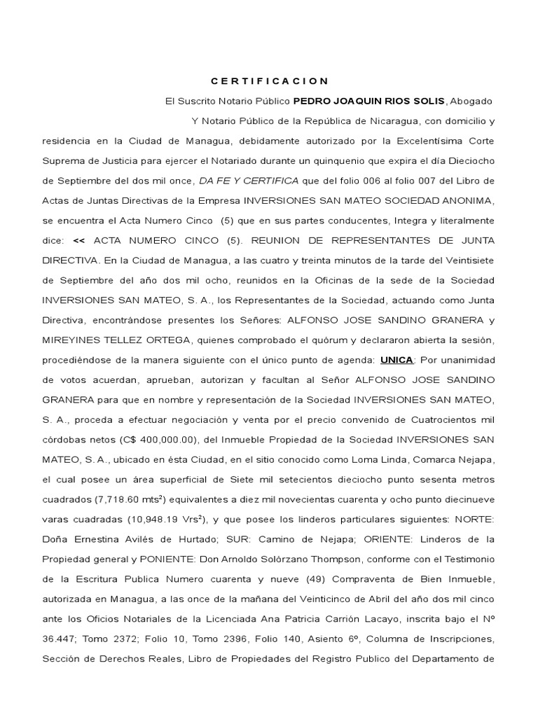 Certificacion de Acta de Junta Directiva San Mateo | PDF | Ley común | Información del gobierno