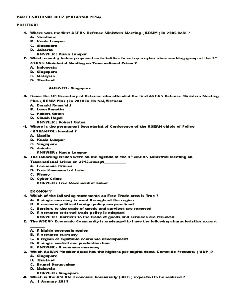 Part I Asean National Quiz | PDF | Association Of Southeast Asian ...