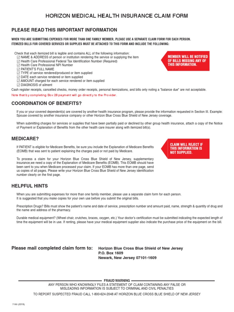 Horizon Medical Health Insurance Claim Form: Please Read This Important ...