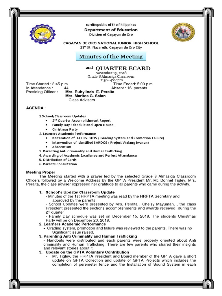 Minutes of Meeting | PDF | Behavior Modification | Learning