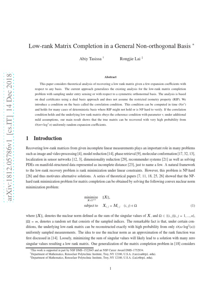 Eleccion Base No Ortogonal Low-Rank Matrix Completion in A General Non-Orthogonal Basis | PDF ...