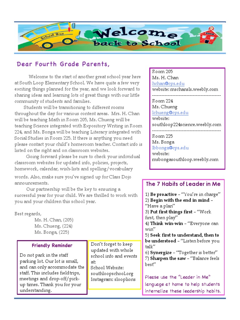 Dear Fourth Grade Parents,: Hchan@cps - Edu | PDF | Sweater | Classroom