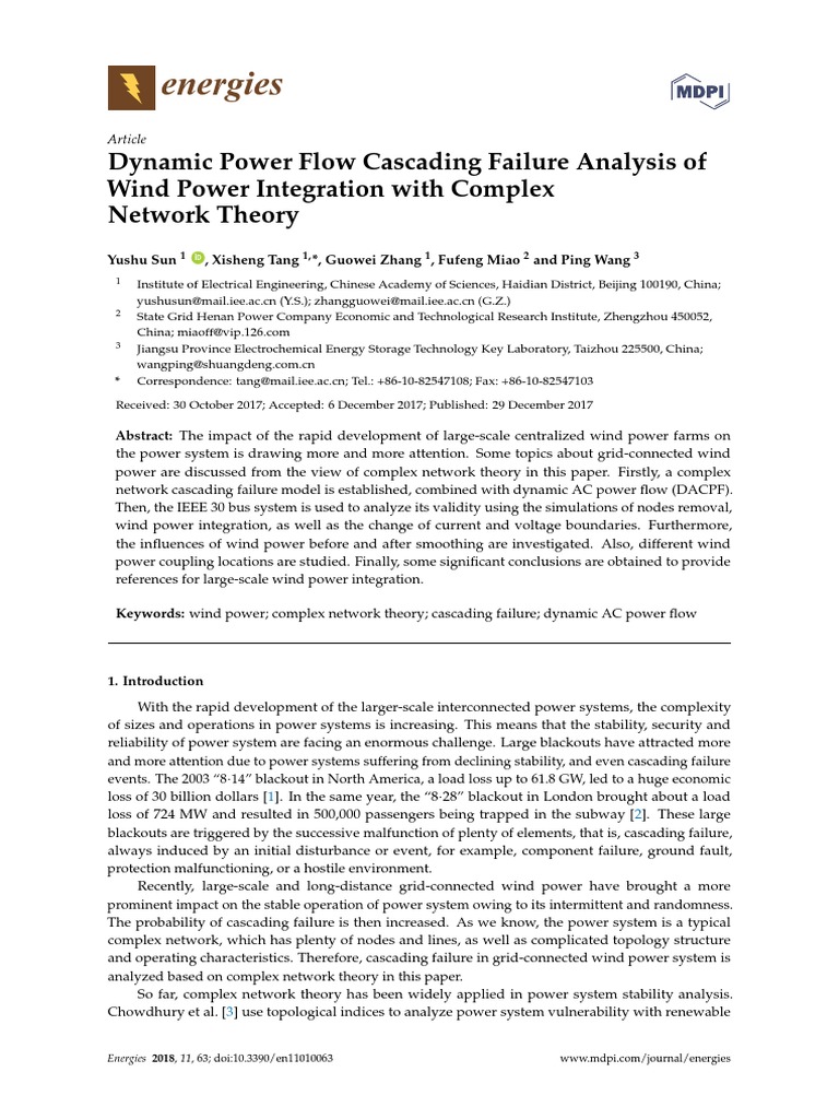 Energies: Dynamic Power Flow Cascading Failure Analysis of Wind Power ...
