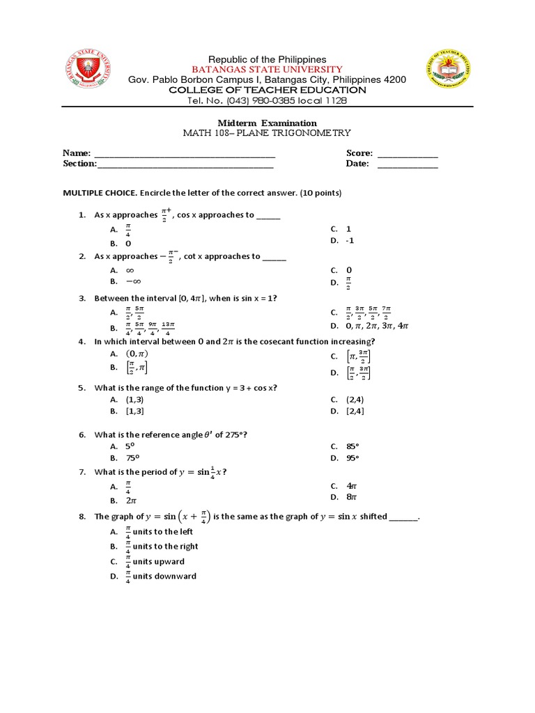 Trigo - Midterm Special Exam | PDF | Trigonometric Functions | Function ...