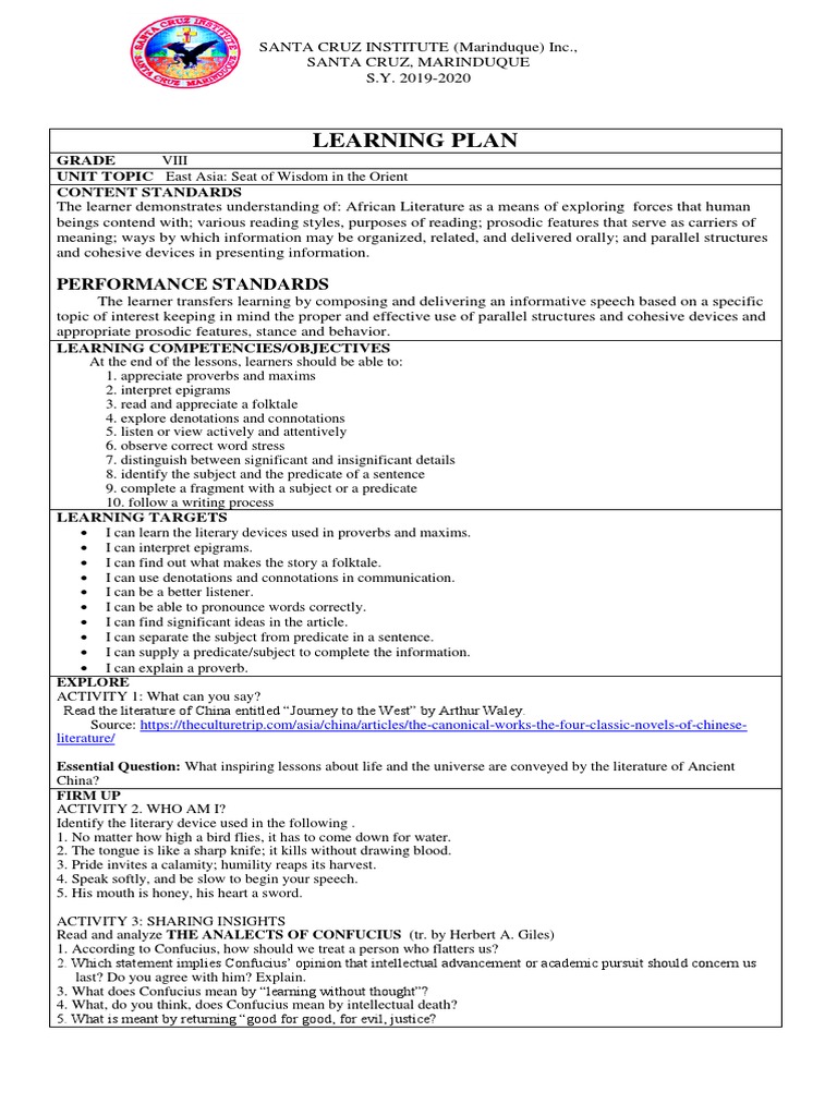 Learning Plan English8 Final | PDF | Confucianism | Proverb