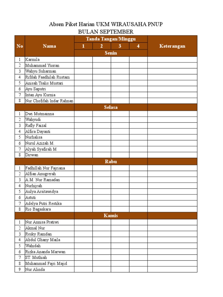 Absen Piket Harian UKM WIRAUSAHA PNUP Bulan September: No Nama Tanda ...